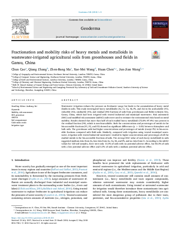 (PDF) Fractionation and mobility risks of heavy metals and metalloids ...