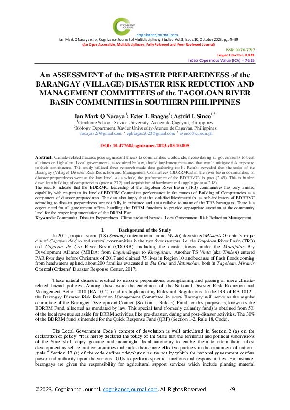 (PDF) An ASSESSMENT of the DISASTER PREPAREDNESS of the BARANGAY ...