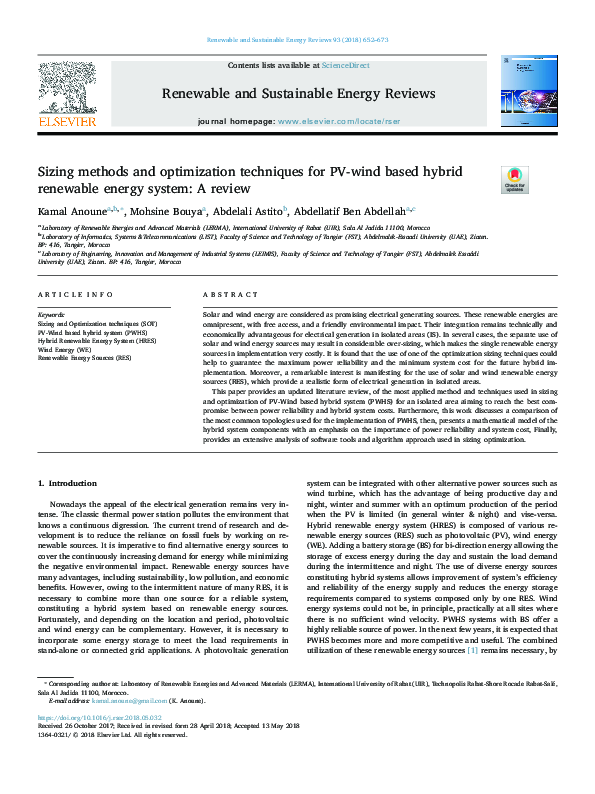 Pdf Sizing Methods And Optimization Techniques For Pv Wind Based Hybrid Renewable Energy