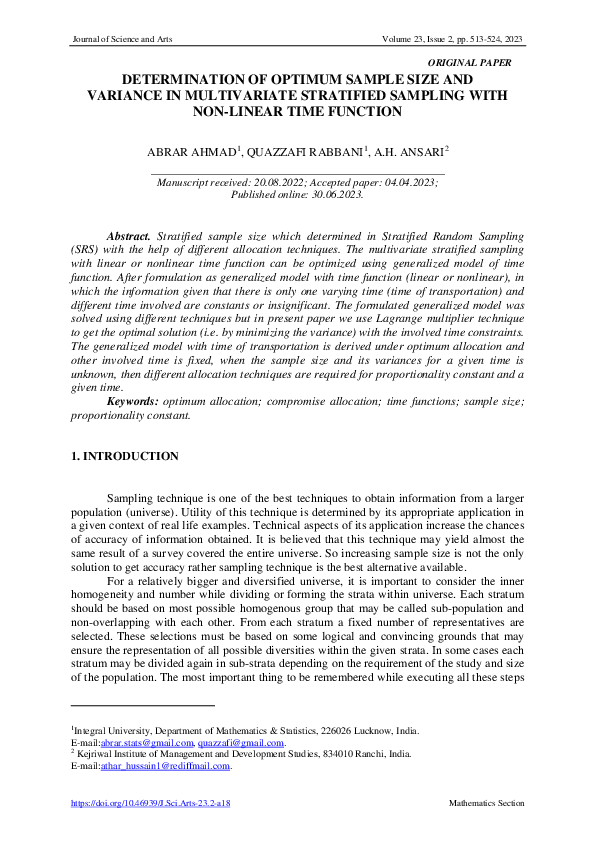 Pdf Determination Of Optimum Sample Size And Variance In Multivariate Stratified Sampling With