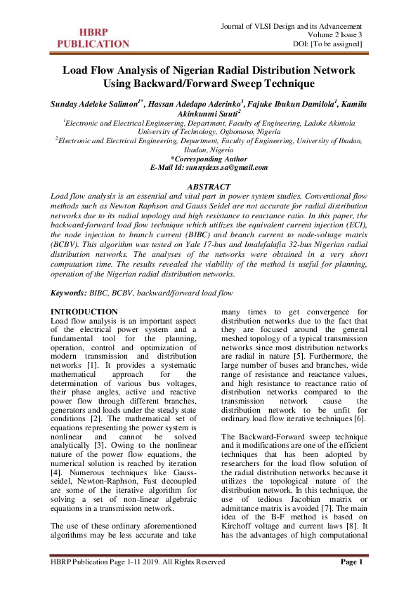 Pdf Load Flow Analysis Of Nigerian Radial Distribution Network Using Backward Forward Sweep