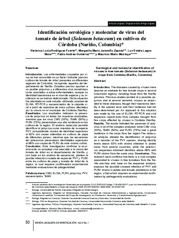 Identificación Serológica Y Molecular De Virus Del Tomate De árbol
