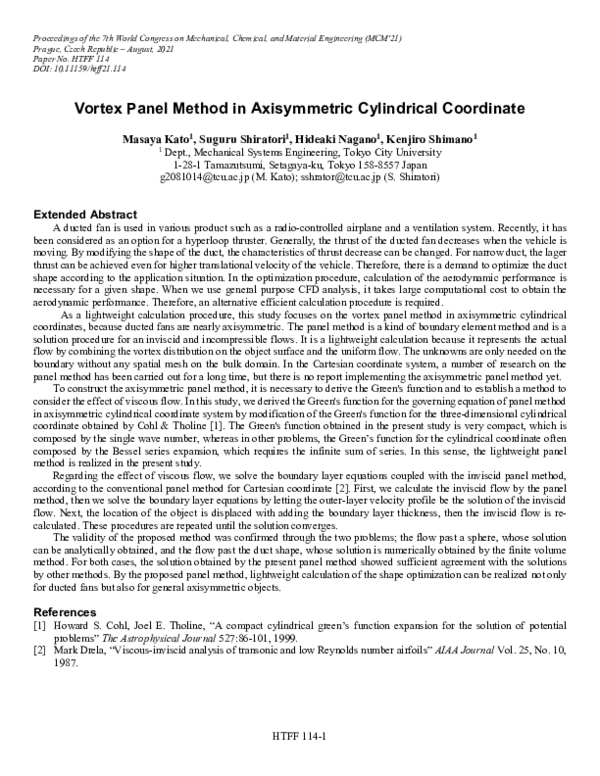 (PDF) Vortex Panel Method in Axisymmetric Cylindrical Coordinate