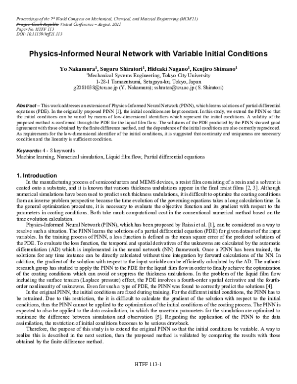 (PDF) Physics-Informed Neural Network with Variable Initial Conditions
