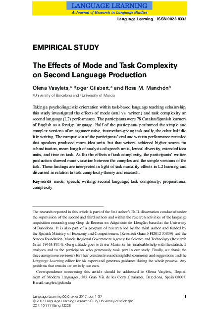 (PDF) The Effects of Mode and Task Complexity on Second Language Production