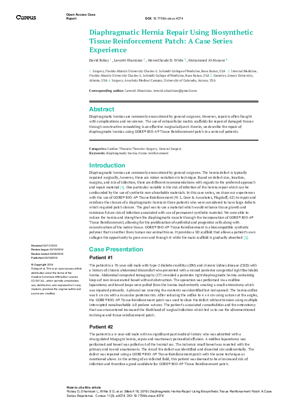 (PDF) Diaphragmatic Hernia Repair Using Biosynthetic Tissue ...