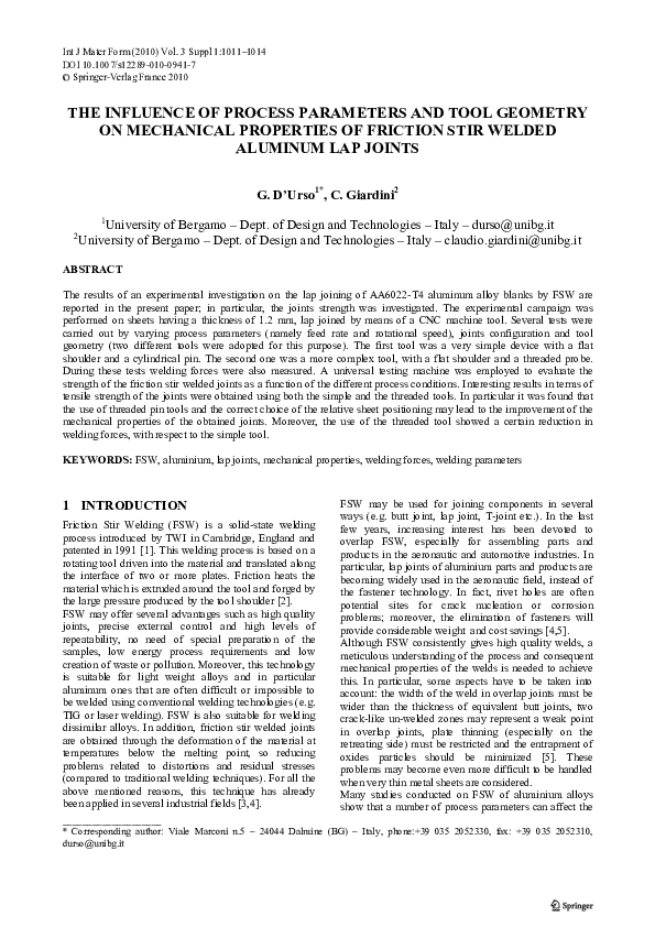 (PDF) The influence of process parameters and tool geometry on mechanical properties of friction ...