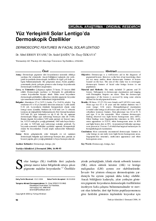 (PDF) Yüz Yerleşimli Solar Lentigo'da Dermoskopik Özellikler