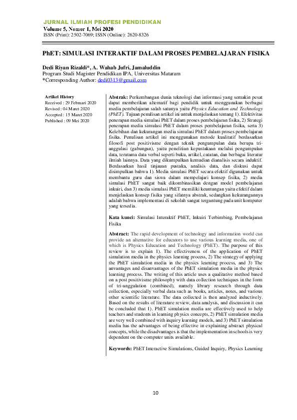 Pdf Phet Simulasi Interaktif Dalam Proses Pembelajaran Fisika