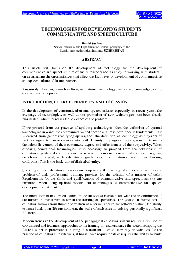 (PDF) TECHNOLOGIES FOR DEVELOPING STUDENTS' COMMUNICATIVE AND SPEECH ...