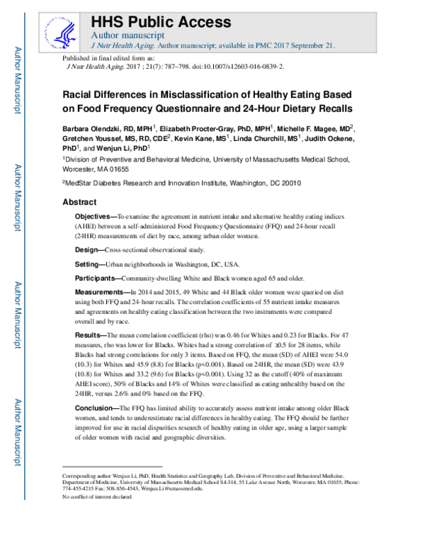 (PDF) Racial differences in misclassification of healthy eating based ...