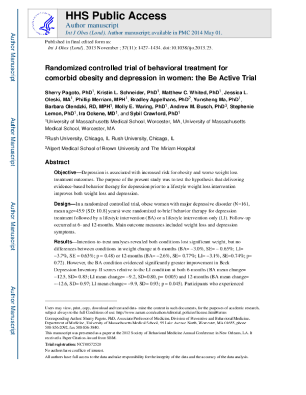 (PDF) Randomized controlled trial of behavioral treatment for comorbid obesity and depression in ...