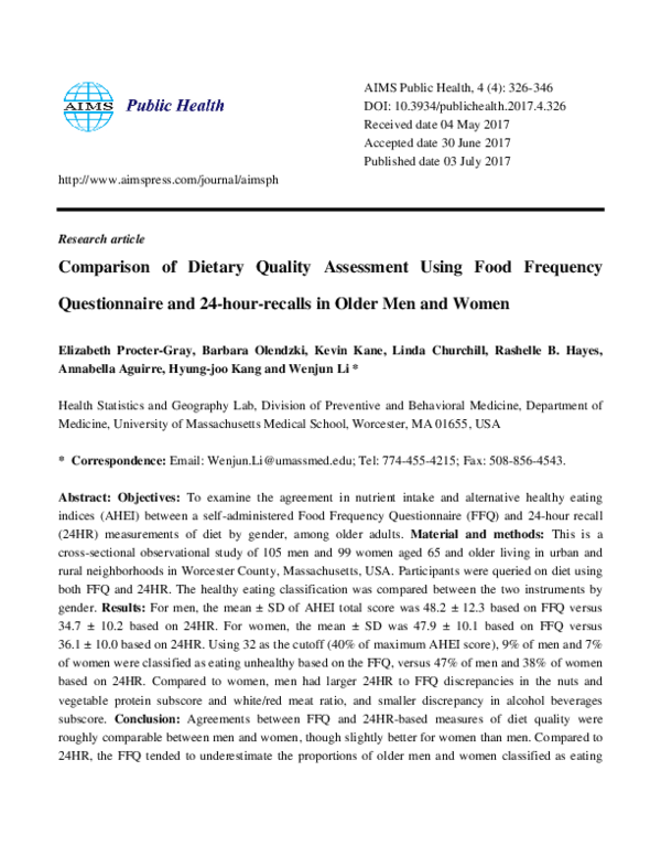 (PDF) Comparison of Dietary Quality Assessment Using Food Frequency ...