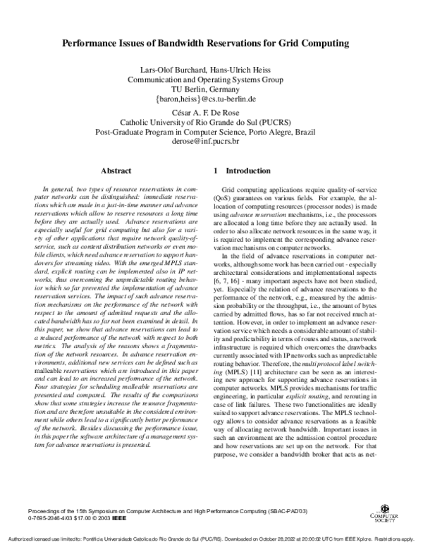 Pdf Performance Issues Of Bandwidth Reservations For Grid Computing
