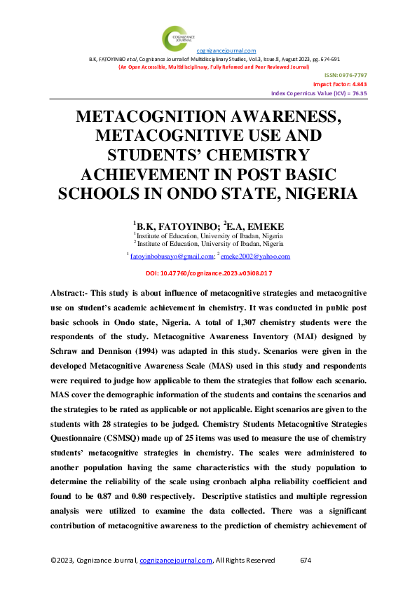 (PDF) Metacognition Awareness, Metacognitive Use and Students’ Chemistry Achievement in Post ...