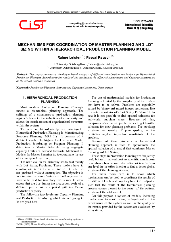 (PDF) Mechanisms for Coordination of Master Planning and Lot Sizing within a Hierarchical ...
