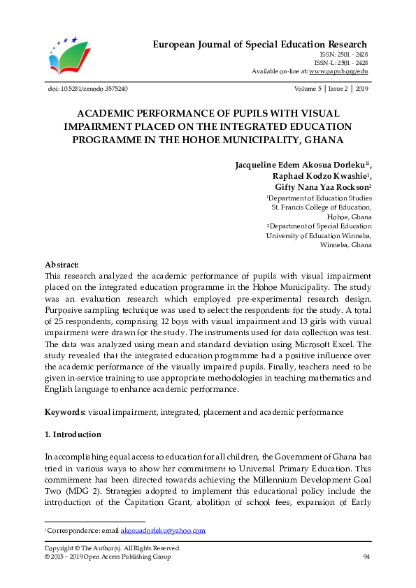 (PDF) Academic Performance of Pupils with Visual Impairment Placed on ...