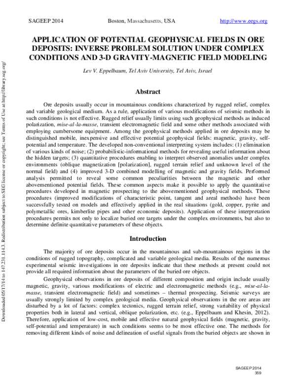 (PDF) APPLICATION OF POTENTIAL GEOPHYSICAL FIELDS IN ORE DEPOSITS: INVERSE PROBLEM SOLUTION ...