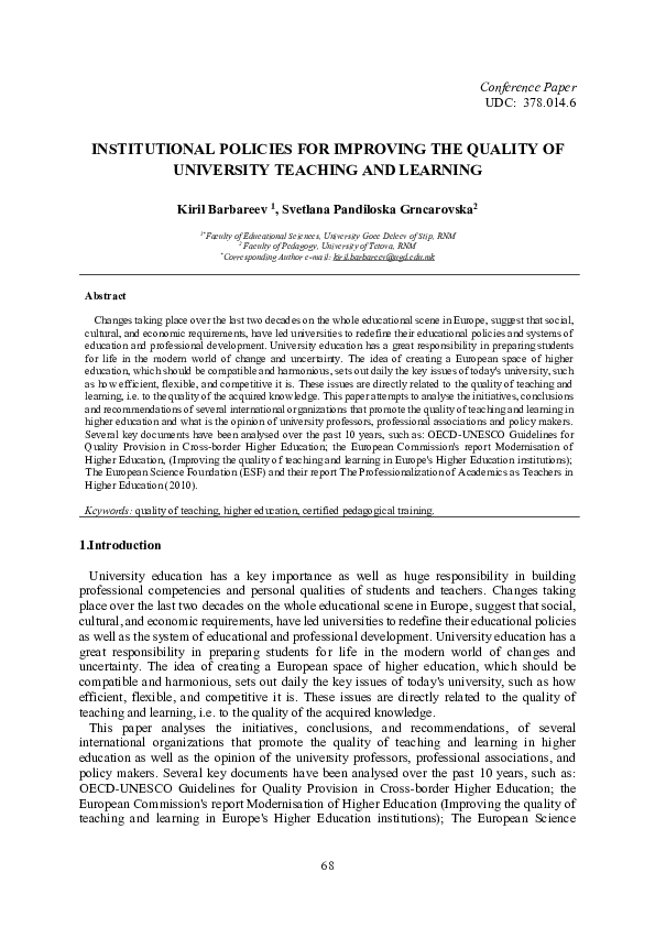 (PDF) Institutional Policies for Improving the Quality of University Teaching and Learning