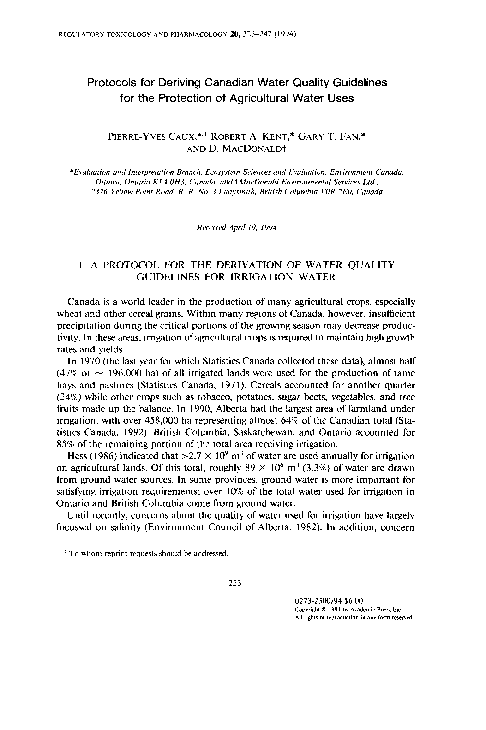 (PDF) Protocols for Deriving Canadian Water Quality Guidelines for the Protection of ...