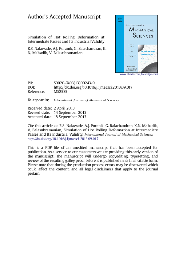 Pdf Simulation Of Hot Rolling Deformation At Intermediate Passes And Its Industrial Validity