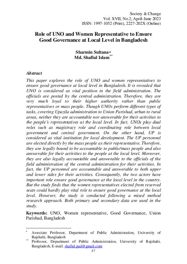 (PDF) Role of UNO and Women Representative to Ensure Good Governance at ...