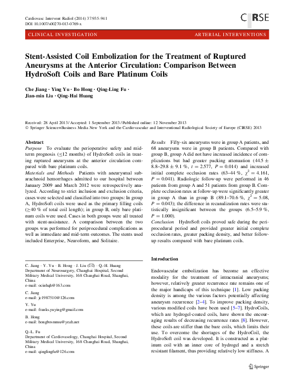 (PDF) Stent-Assisted Coil Embolization for the Treatment of Ruptured Aneurysms at the Anterior ...