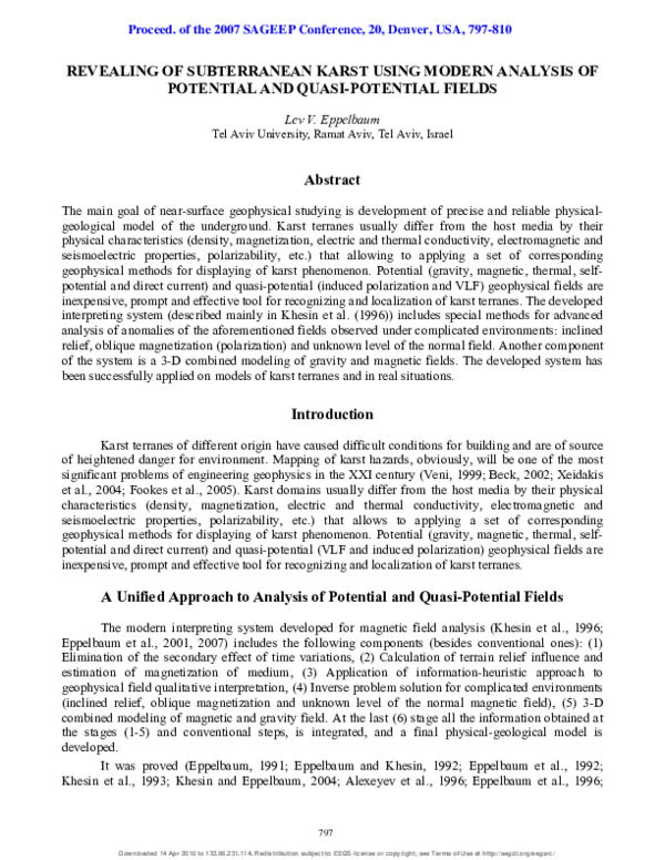 (PDF) REVEALING OF SUBTERRANEAN KARST USING MODERN ANALYSIS OF POTENTIAL AND QUASI-POTENTIAL FIELDS