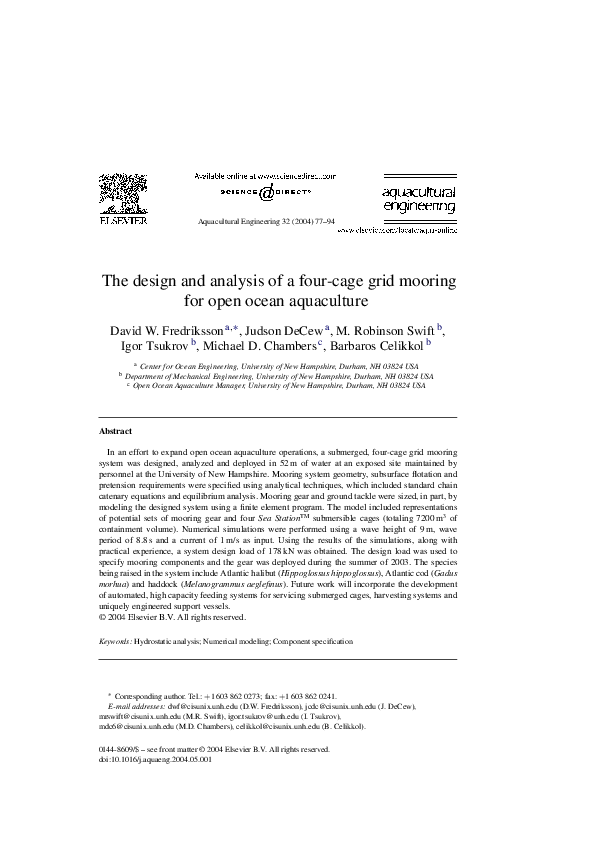 (PDF) The design and analysis of a four-cage grid mooring for open ocean aquaculture | Igor ...