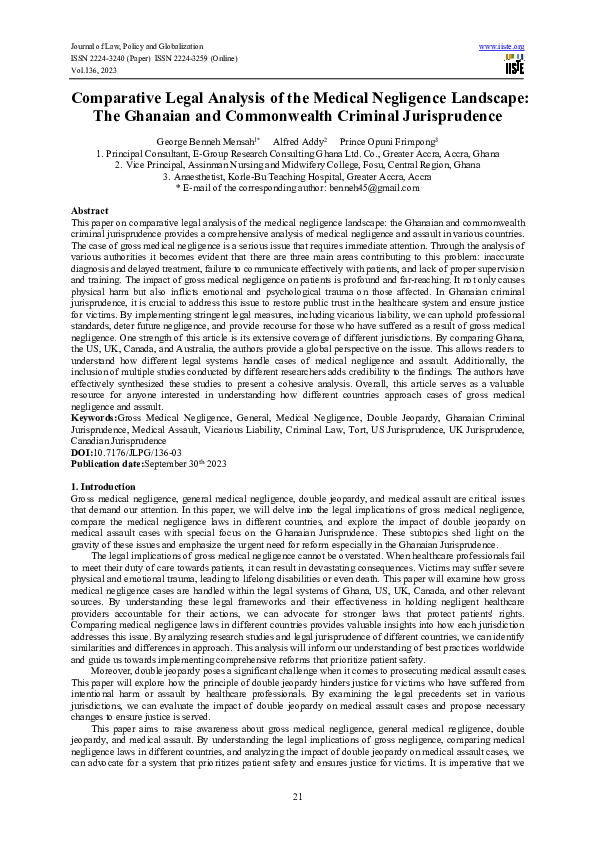 (PDF) Comparative Legal Analysis of the Medical Negligence Landscape ...