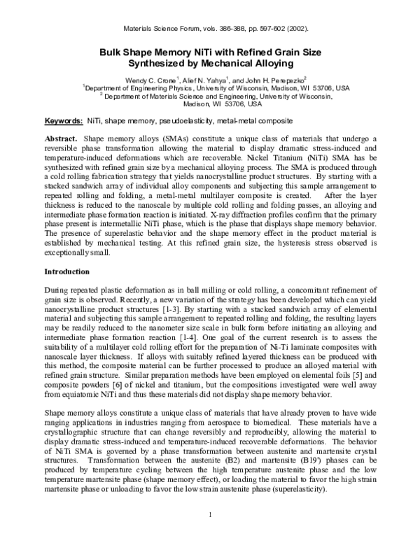(PDF) Bulk Shape Memory NiTi with Refined Grain Size Synthesized by ...