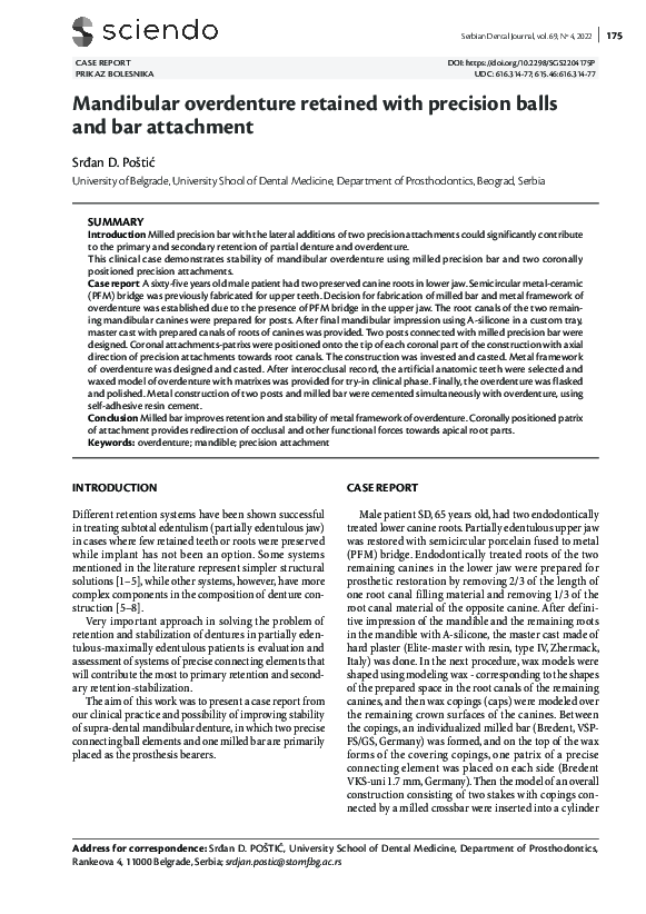(PDF) Mandibular overdenture retained with precision balls and bar ...