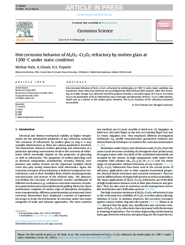 (PDF) Hot corrosion behavior of Al2O3–Cr2O3 refractory by molten glass ...