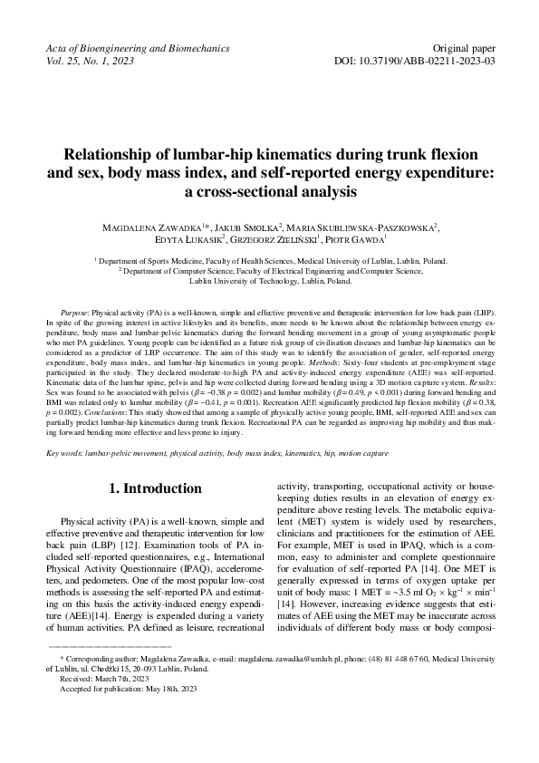 Pdf Relationship Of Lumbar Hip Kinematics During Trunk Flexion And