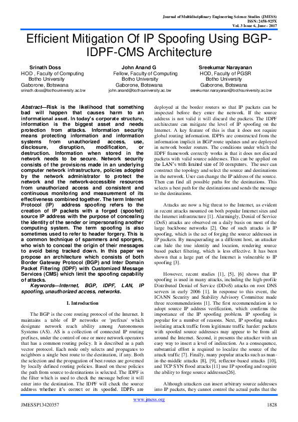 Pdf Efficient Mitigation Of Ip Spoofing Using Bgp Idpf Cms Architecture