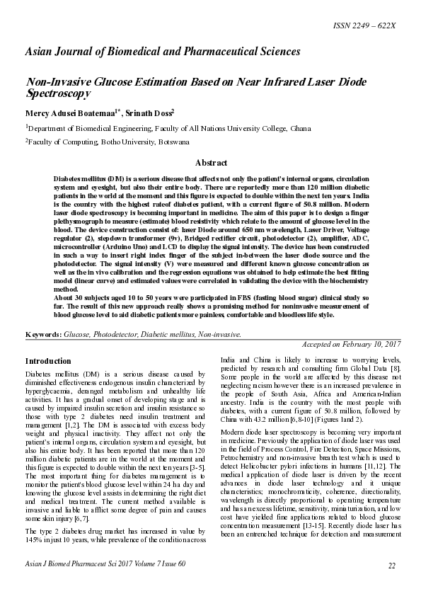 Pdf Non Invasive Glucose Estimation Based On Near Infrared Laser Diode Spectroscopy