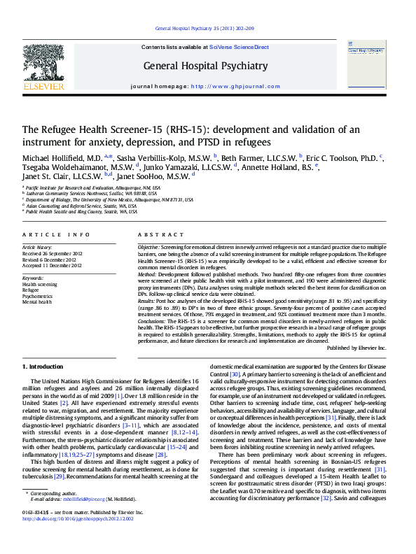 (PDF) The Refugee Health Screener-15 (RHS-15): development and ...