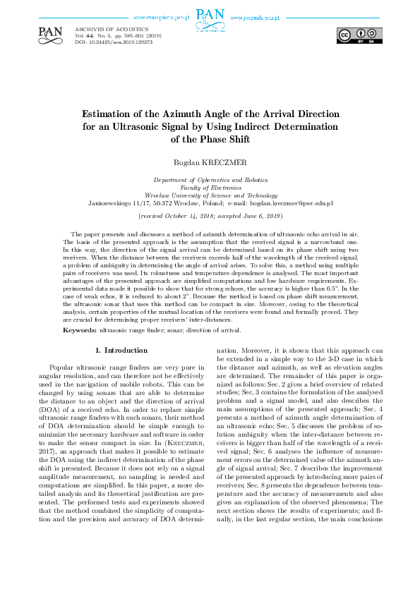 (PDF) Estimation of the Azimuth Angle of the Arrival Direction for an Ultrasonic Signal by Using ...