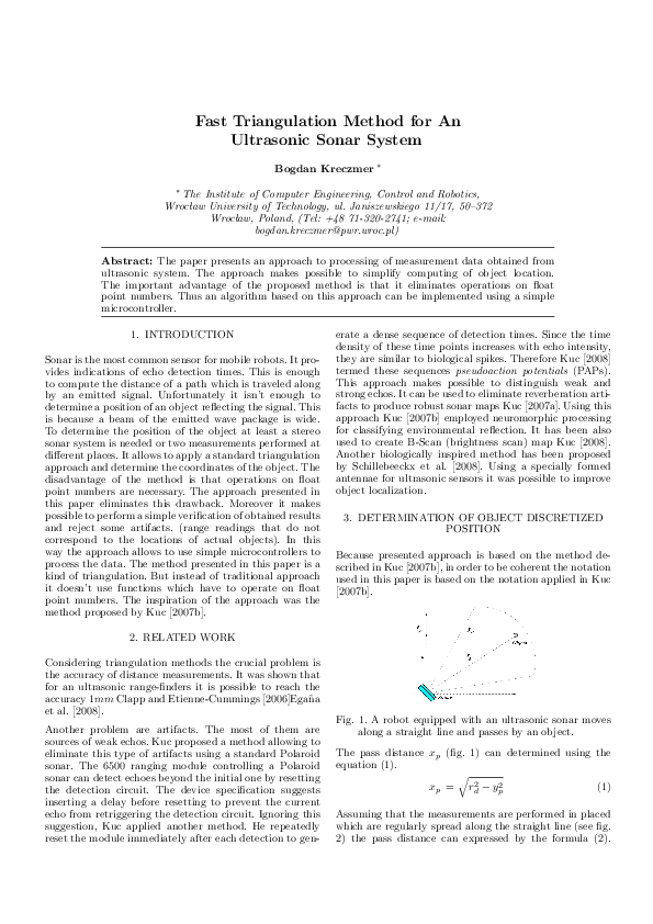 (PDF) Fast Triangulation Method for An Ultrasonic Sonar System