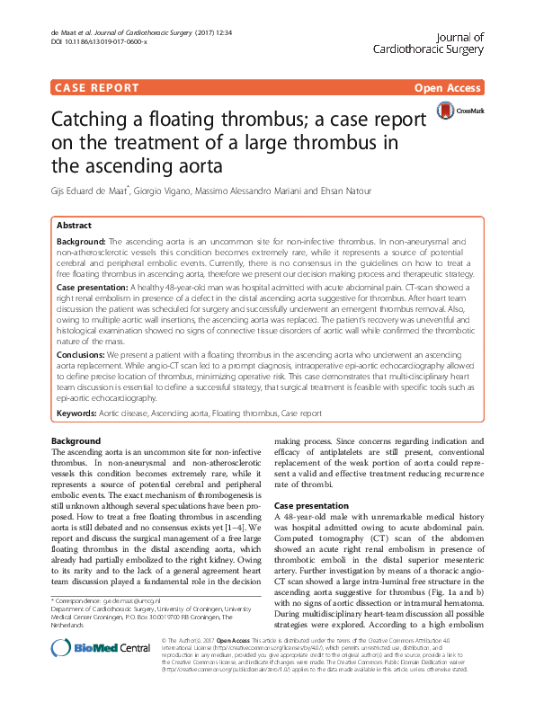 (PDF) Catching a floating thrombus; a case report on the treatment of a ...
