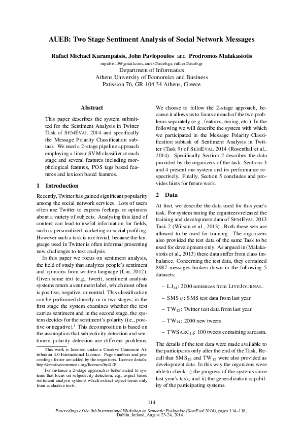 (PDF) AUEB: Two Stage Sentiment Analysis of Social Network Messages