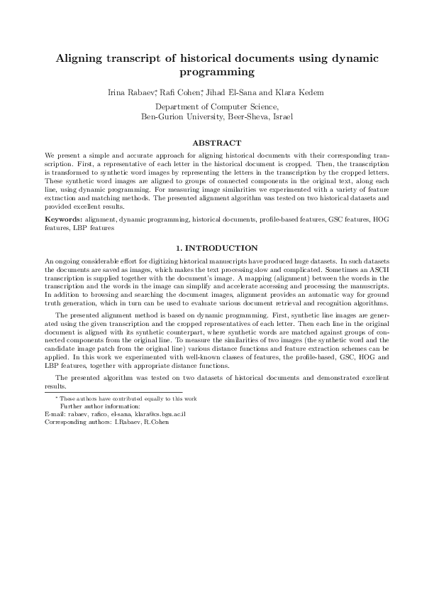 Pdf Aligning Transcript Of Historical Documents Using Dynamic Programming