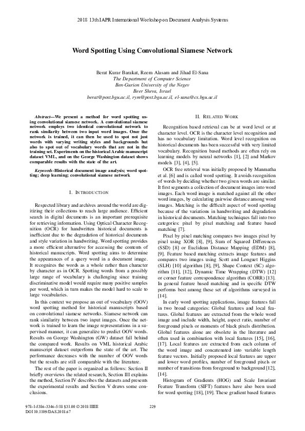 (PDF) Word Spotting Using Convolutional Siamese Network