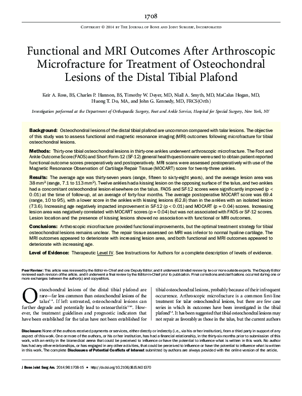 (PDF) Functional and MRI outcomes after arthroscopic microfracture for ...