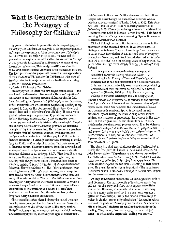 (PDF) What is Generalizable in the Pedagogy of Philosophy for Children