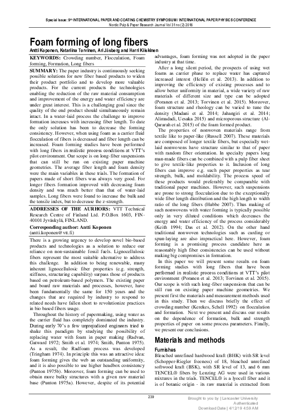 (PDF) Foam forming of long fibers