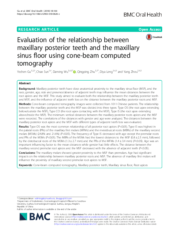 Pdf Evaluation Of The Relationship Between The Maxillary Posterior Teeth And The Sinus Floor