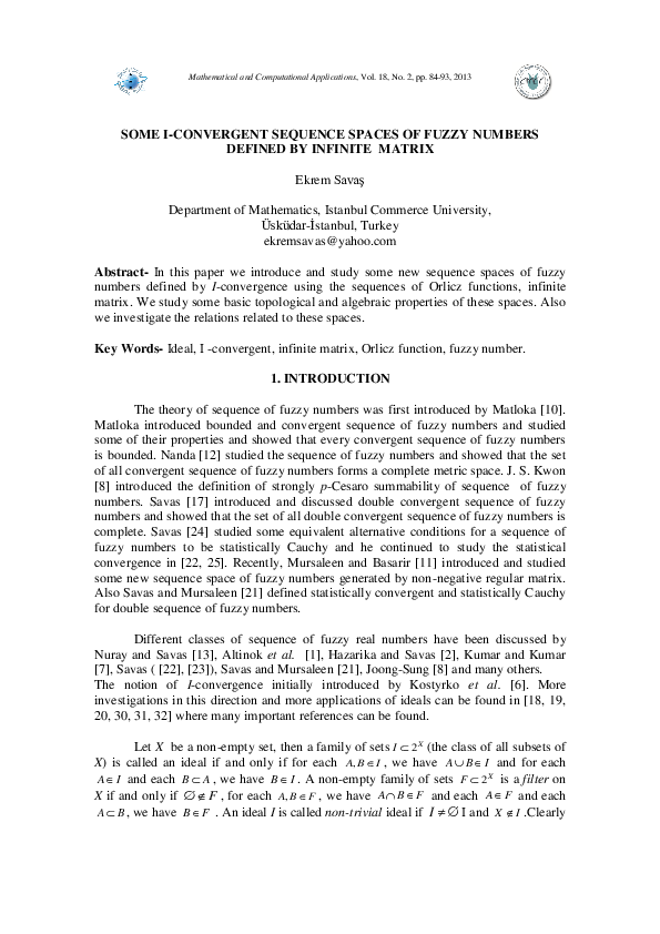 Pdf Some I Convergent Sequence Spaces Of Fuzzy Numbers Defined By Infinite Matrix