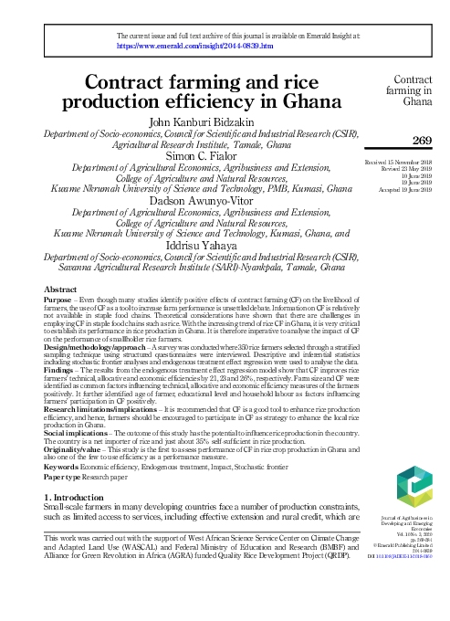 (PDF) Contract farming and rice production efficiency in Ghana