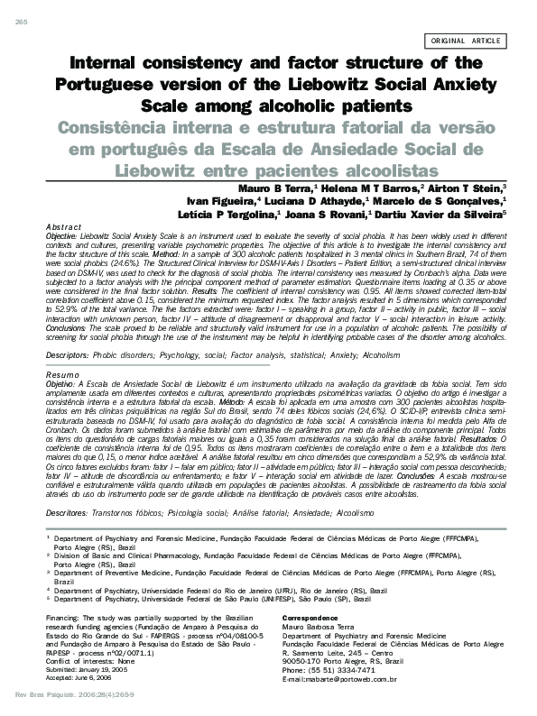 (PDF) Internal consistency and factor structure of the Portuguese ...